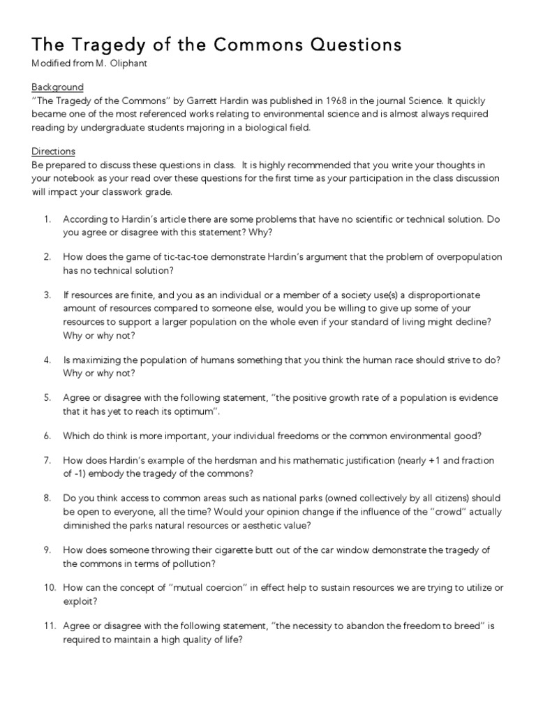 Tragedy of The Commons Questions | PDF