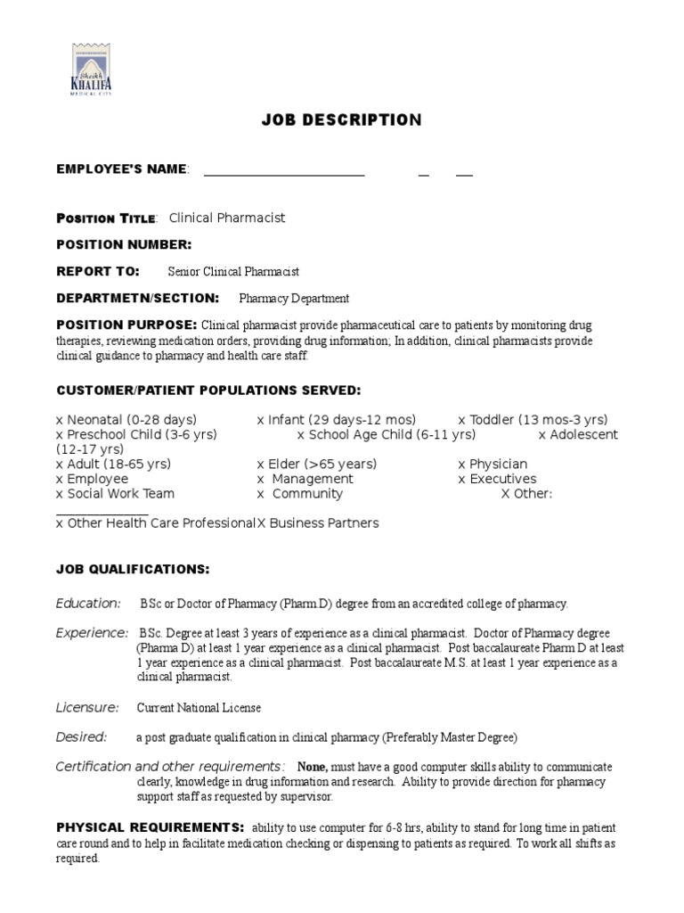 Clinical Pharmacist Job Description | PDF | Pharmacy | Pharmacist