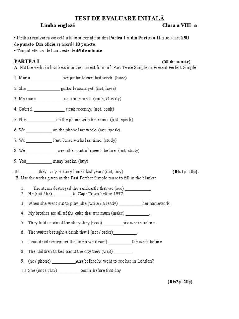 Test de Evaluare Iniţală: Limba Engleză Clasa A Viii-A | PDF | Syntax ...
