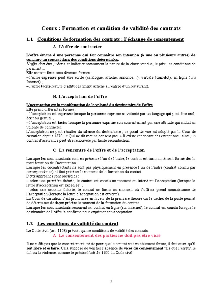 Cours Formation Et Condition de Validite Des Contrats PDF | PDF | Droit ...