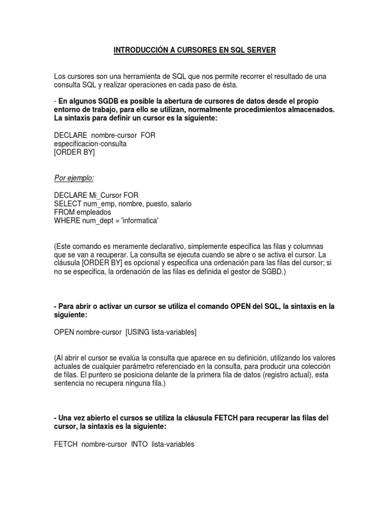 Introduccion A Cursores en SQL Server PDF | PDF | SQL | Ingeniería de software