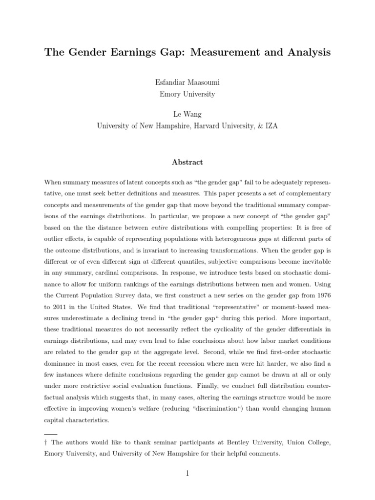 The Gender Earnings Gap: Measurement and Analysis: Esfandiar Maasoumi Emory University | PDF ...