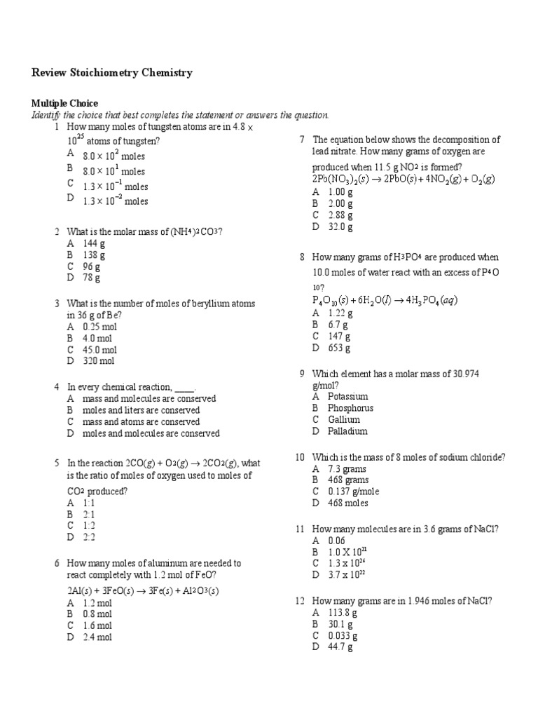 3 Review Stoichiometry Chemistry Practice Quiz and Answers[1] | Mole ...