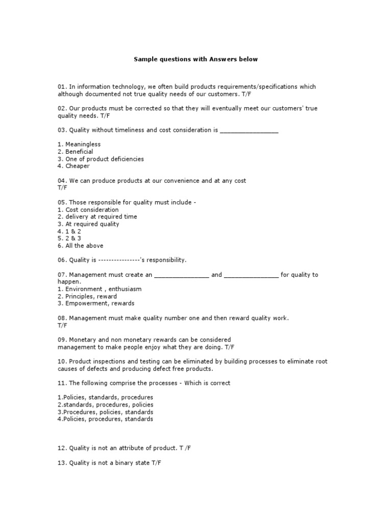 Sample Quality Management Questions With Answers Below | PDF