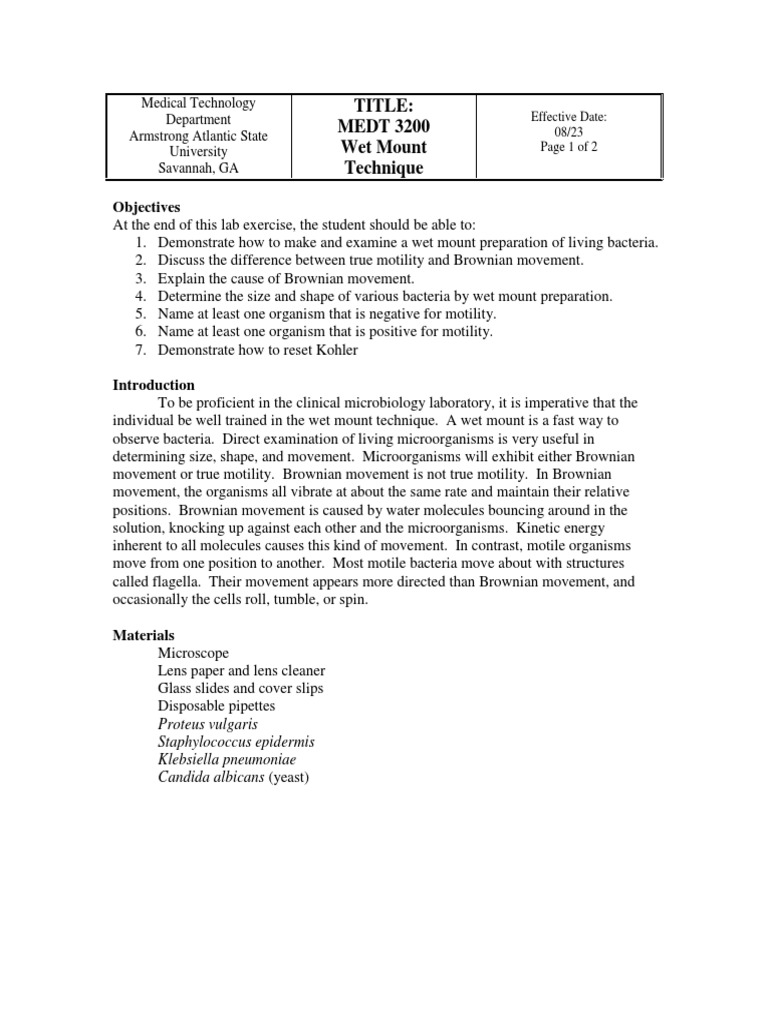 Wet Mount Technique in Microbiology | PDF | Microscope | Bacteria