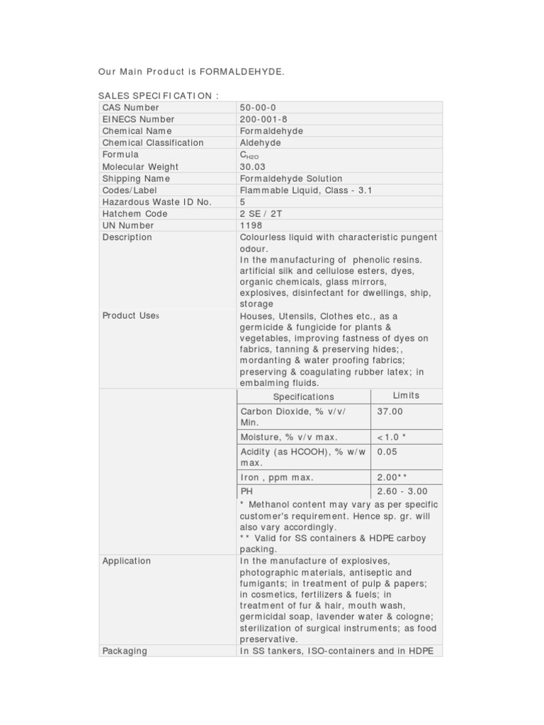 Our Main Product Is FORMALDEHYDE. Sales Specification | PDF ...