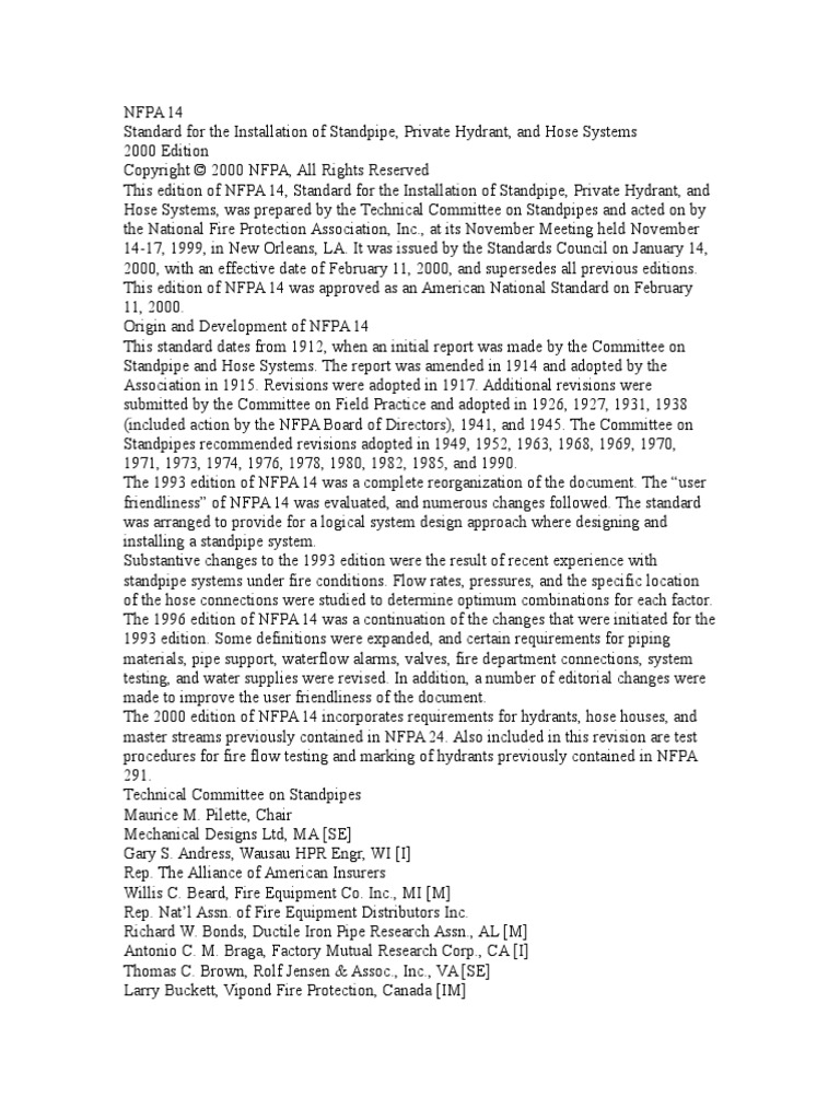 NFPA 14 (Installation of Standpipe, Private Hydrant, and Hose Systems ...