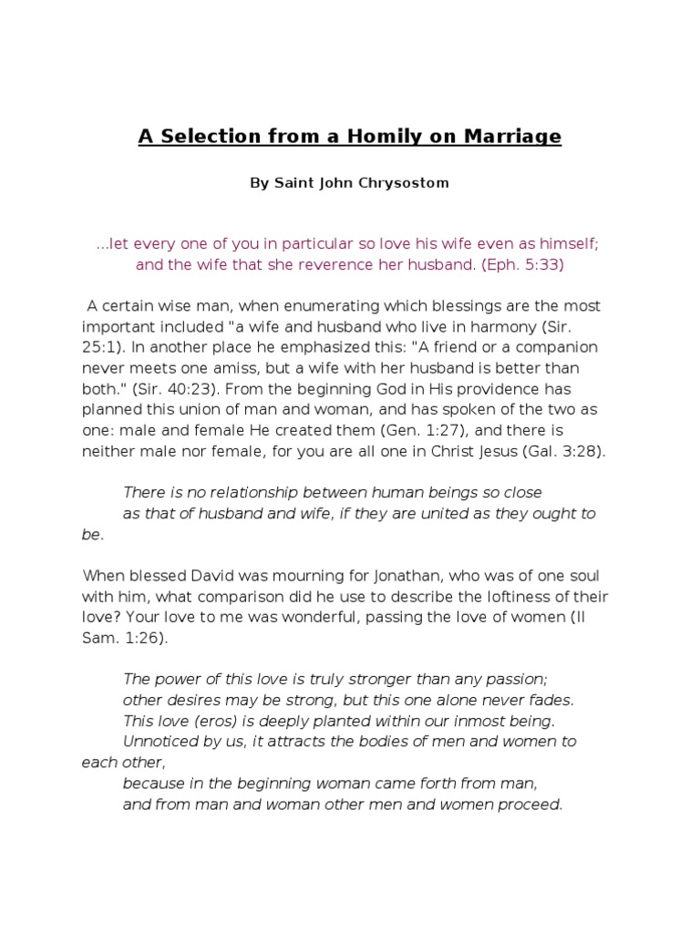 St. John Chrysostom-A Selection From A Homily On Marriage | PDF | Wife ...