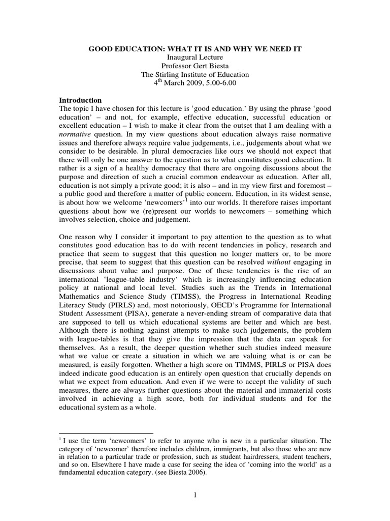 Biesta 2009 - Good Education - What It Is and Why We Need It | PDF ...