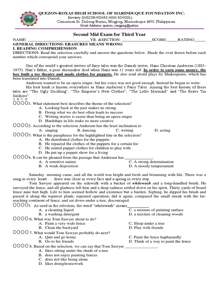 English 3 Exam Sample | PDF | Hans Christian Andersen | Actor