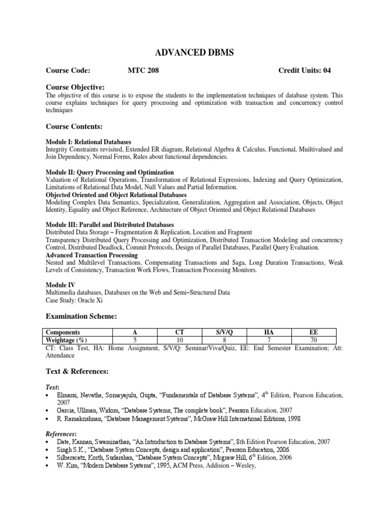 Adbms Syllabus Pdf Relational Model Database Transaction