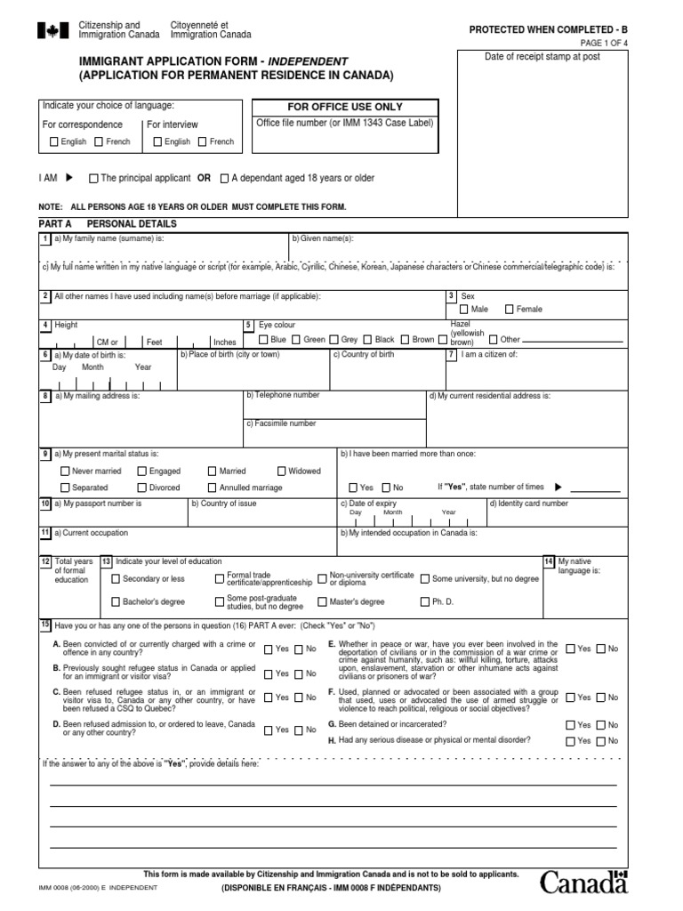Canada Immigration Applicant Form - Independent | PDF | Permanent ...