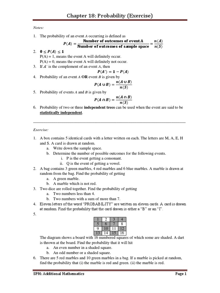 Chapter 18 Probability (Exercise) | PDF | Randomness | Probability