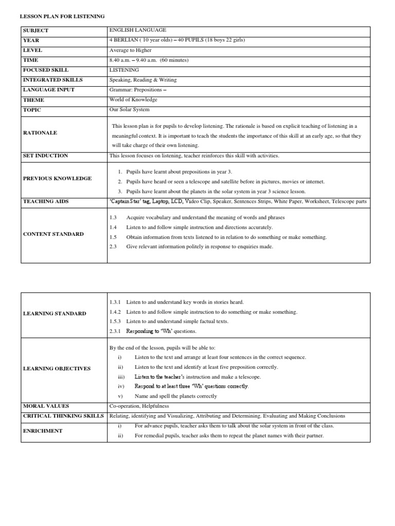 Lesson Plan For Listening | PDF | Lesson Plan | Planets