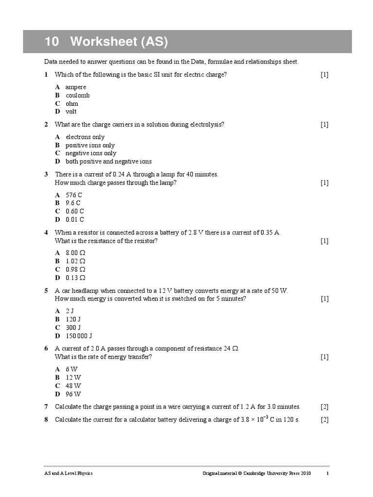 Worksheet 10 PDF | PDF | Electric Current | Electrical Resistance And ...