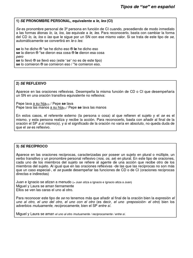 Tipos de Se PDF | PDF | Verbo | Asunto (gramática)