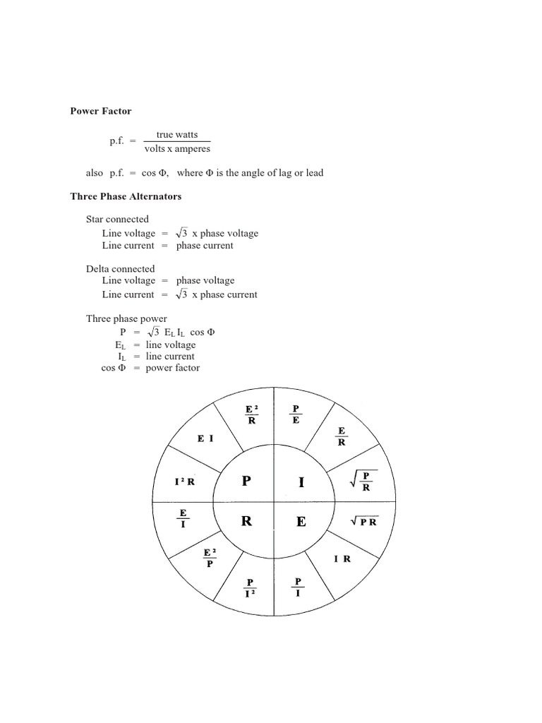 Three-Phase Power Factor Formulas | PDF