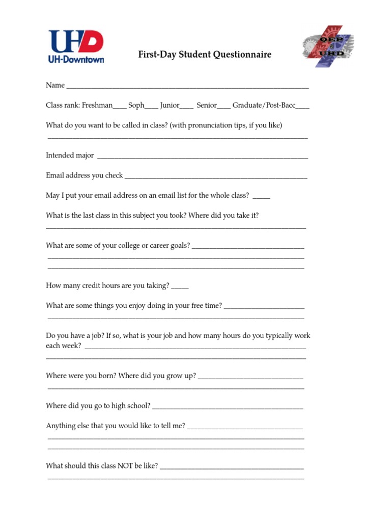 First-Day Student Questionnaire Template | PDF