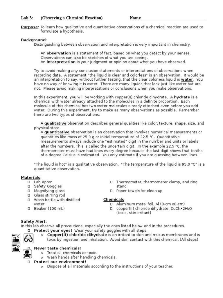 Chemical Reaction Observation Lab Guide | PDF | Observation | Chemistry