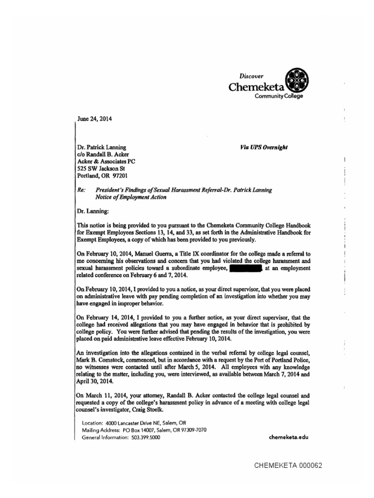 Patrick Lanning Termination Letter | Hostile Work Environment | Sexual ...