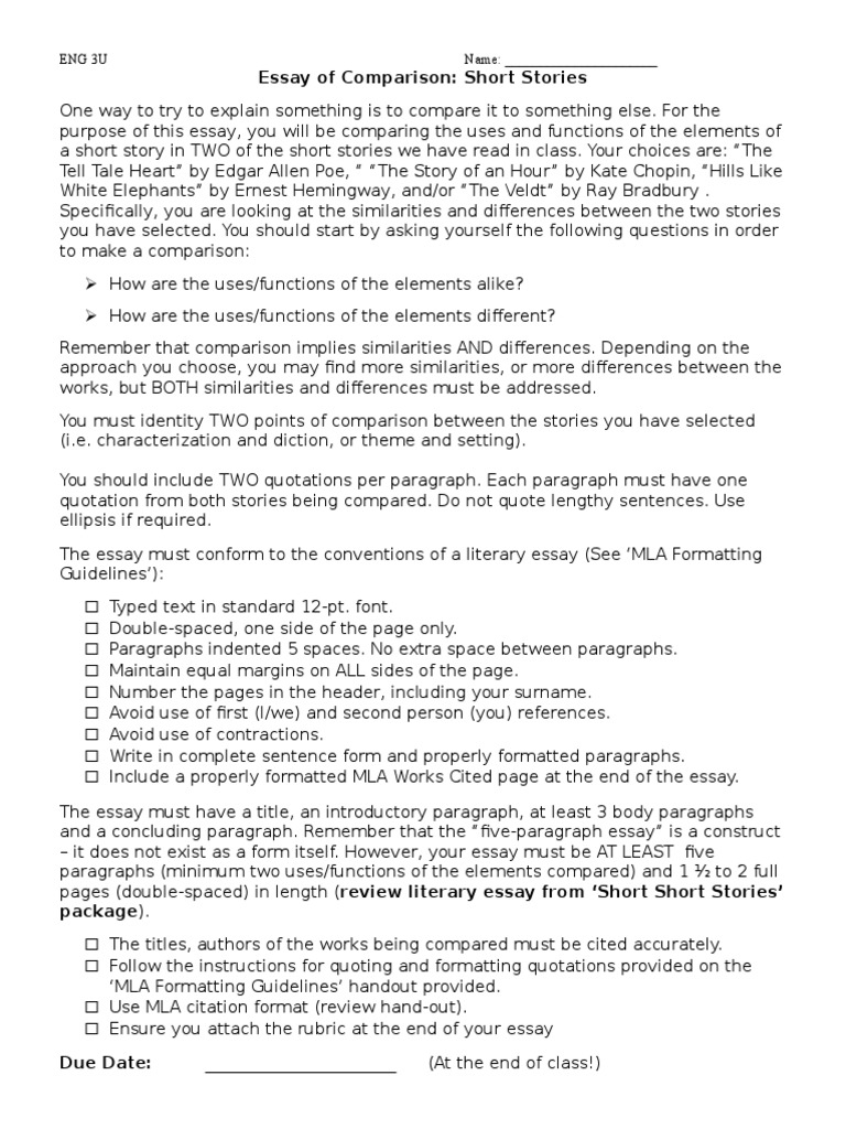 Eng3u Short Stories Essay of Comparison | PDF | Paragraph | Rubric ...