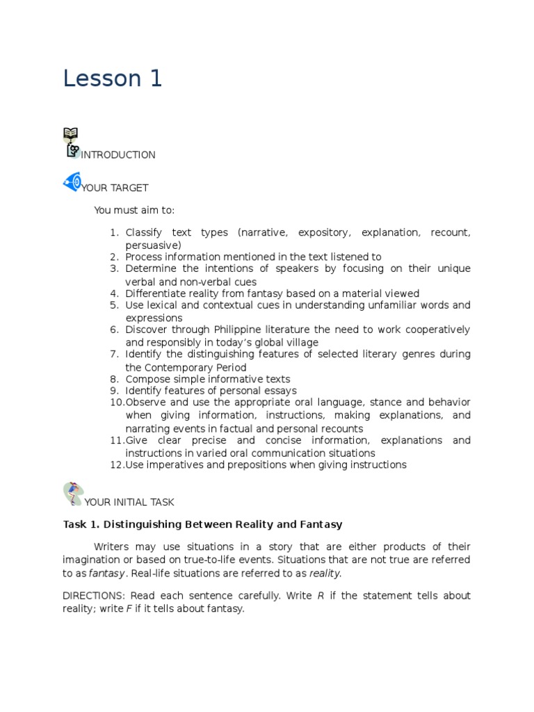 Lesson 1: Task 1. Distinguishing Between Reality and Fantasy | PDF | Business | Leisure