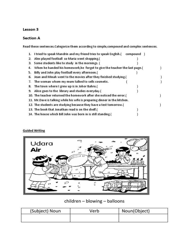 Lesson 3 Section A: Children - Blowing - Balloons (Subject) Noun Verb ...