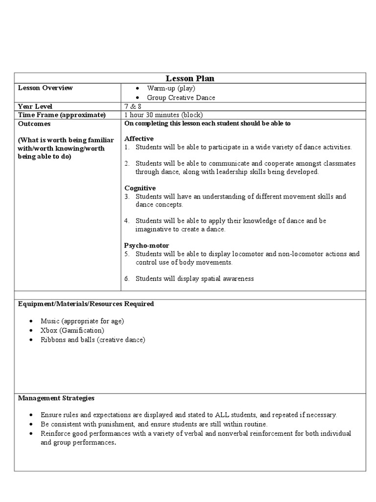 Creative Dance Lesson Plan for Grades 7-8 | PDF | Language Arts ...