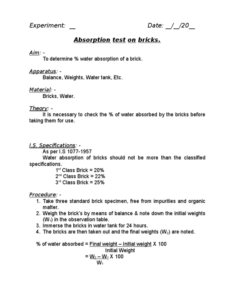 Brick Water Absorption Test | PDF | Brick | Weight