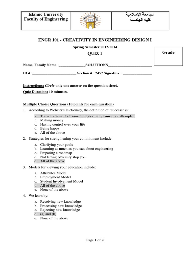 ENGR 101 Quiz 1 Section 2457 Solutions | PDF | Engineering | Learning