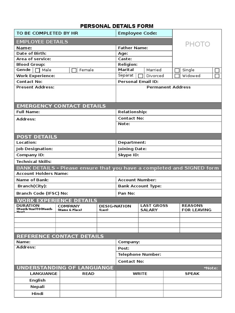 Employee Personal Details Form | PDF