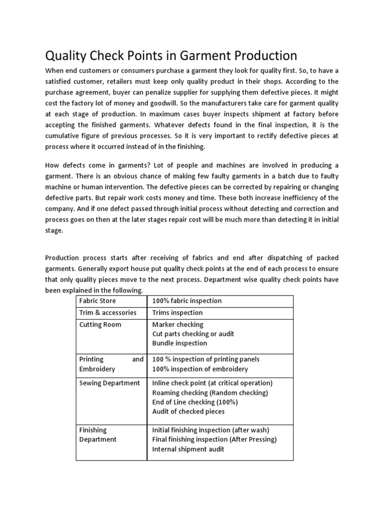 Quality Check Points in Garment Production | PDF | Seam (Sewing) | Textiles