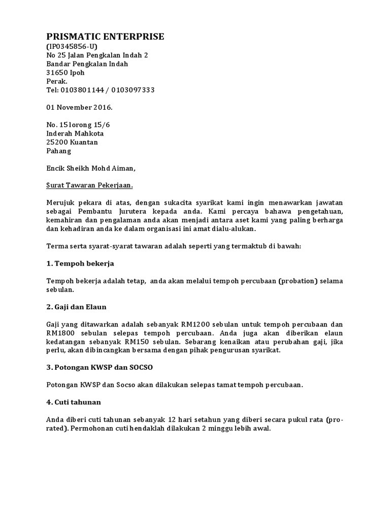 Contoh Surat Tawaran Kerja 1 | PDF