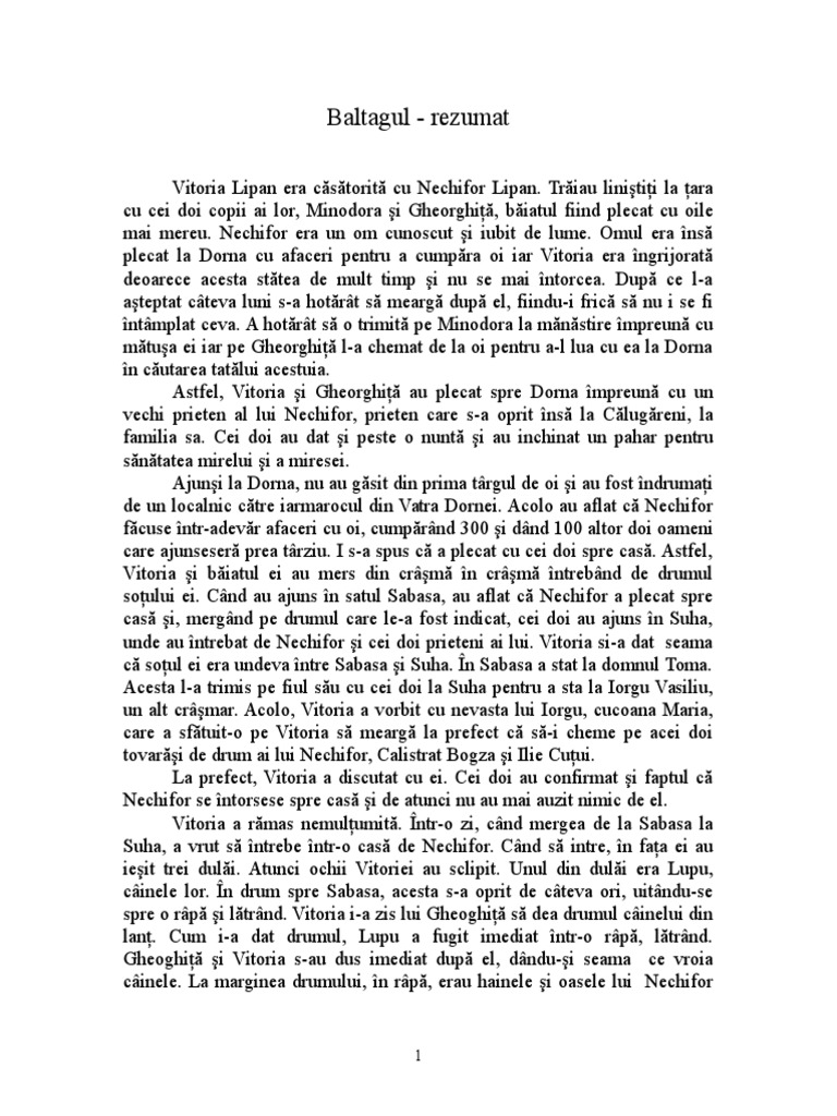 Baltagul de Mihail Sadoveanu Rezumat | PDF