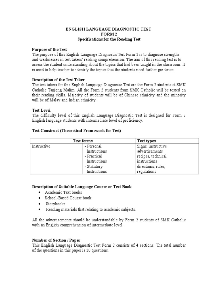 Form 2 English Diagnostic Reading Test | PDF | Cupcake | Reading ...