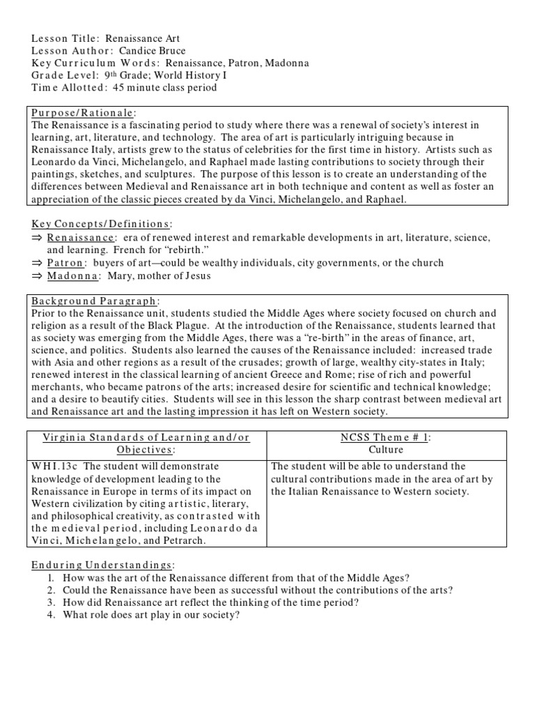Renaissance Lesson Plan PDF | Renaissance Art | Renaissance
