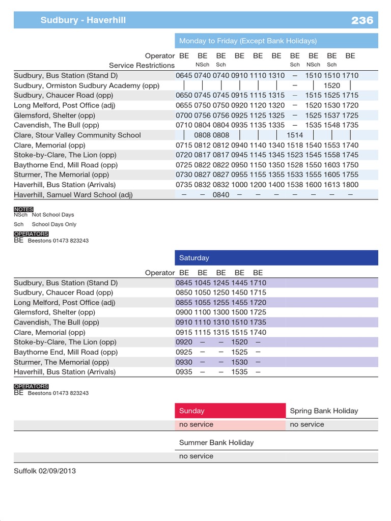 Sudbury - Haverhill 236 bus route | Bus | Holidays