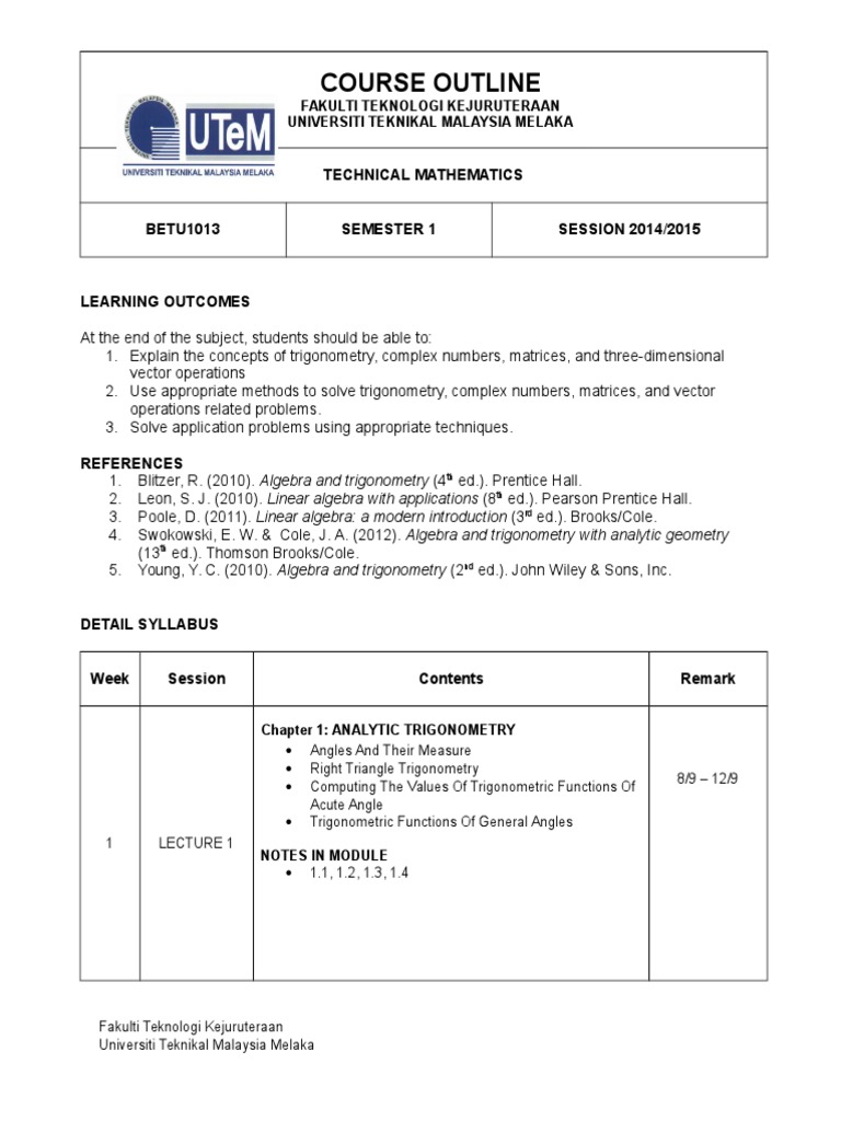 Technical Mathematics Course Outline | PDF | Algebra | Linear Algebra