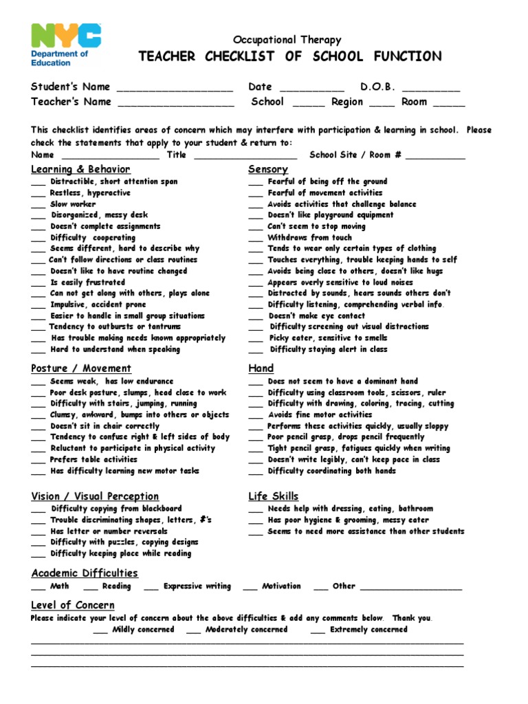 Occupational Therapy Teacher Checklist for Identifying Areas of School ...