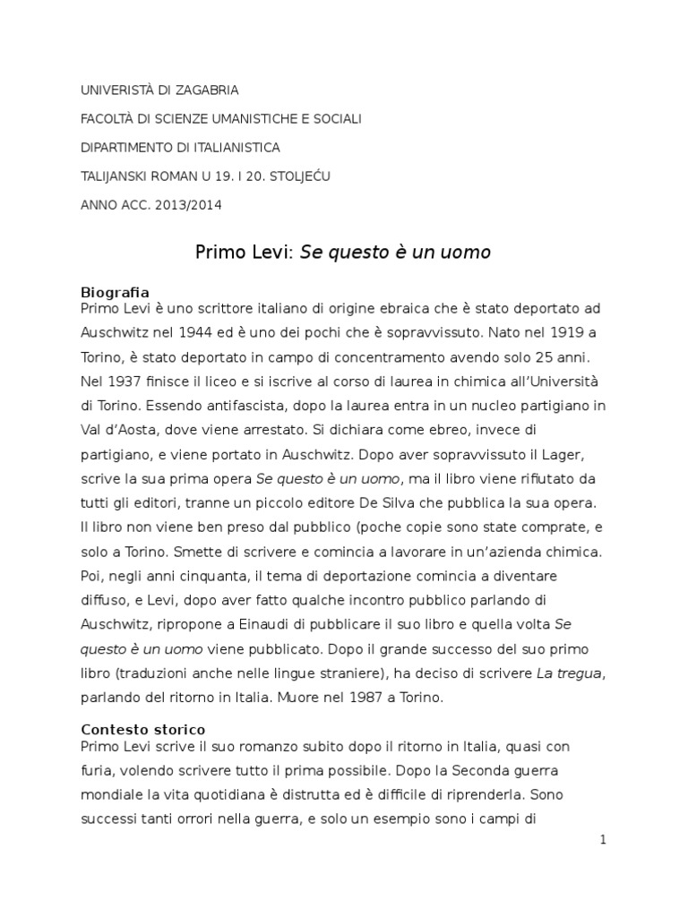 Primo Levi Se Questo E' Un Uomo | PDF