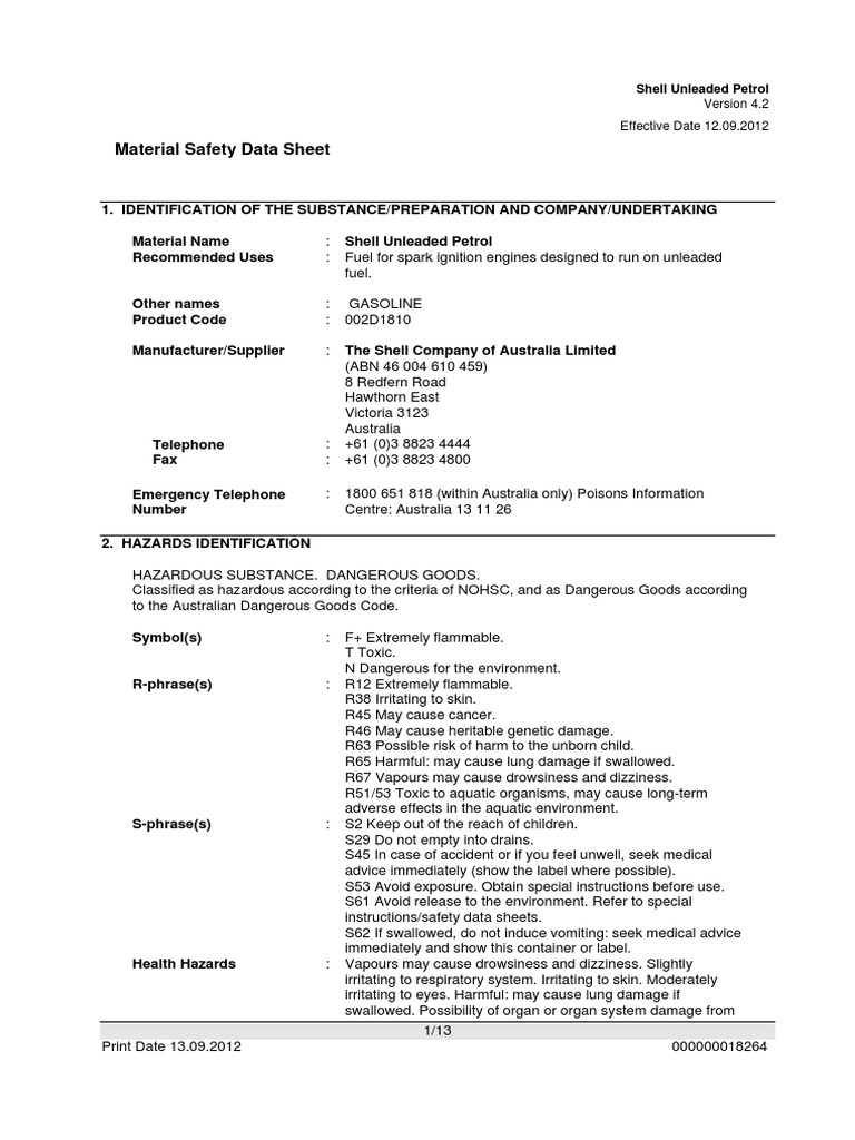 SAFETY - Data Sheet For Petrol | PDF | Personal Protective Equipment ...