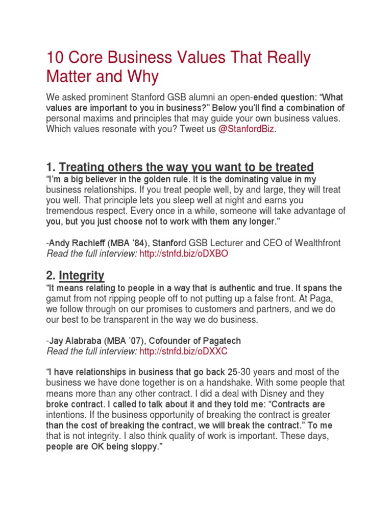 10 Core Business Values That Really Matter and Why: 1. Treating Others ...
