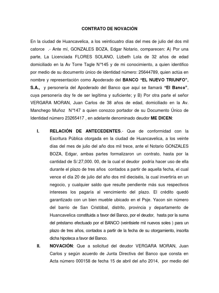 CONTRATO DE NOVACIÓN.docx | Bancos