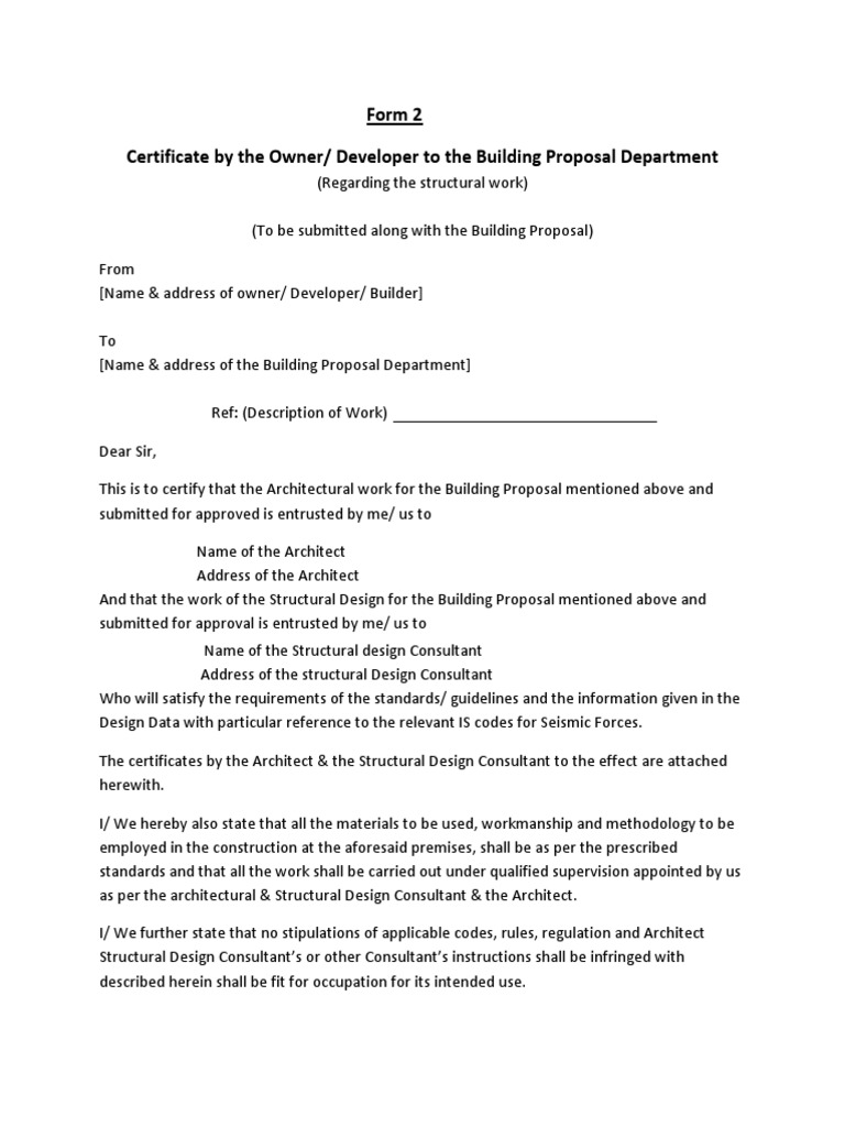 Form 2 Certificate by The Owner/ Developer To The Building Proposal ...