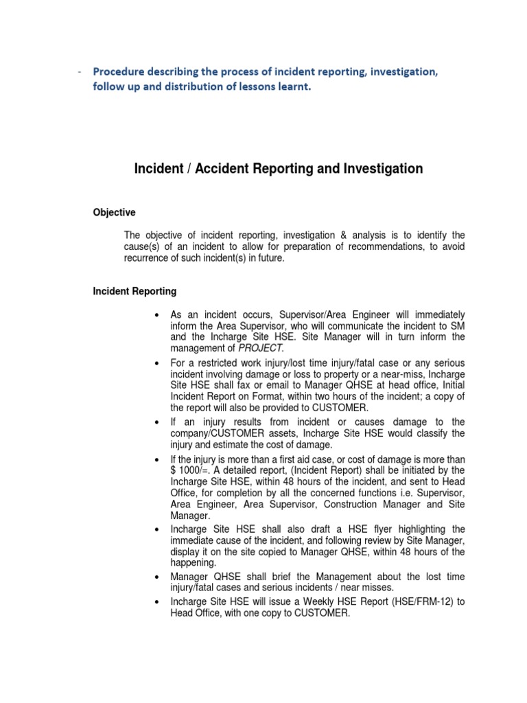 Incident / Accident Reporting and Investigation | PDF