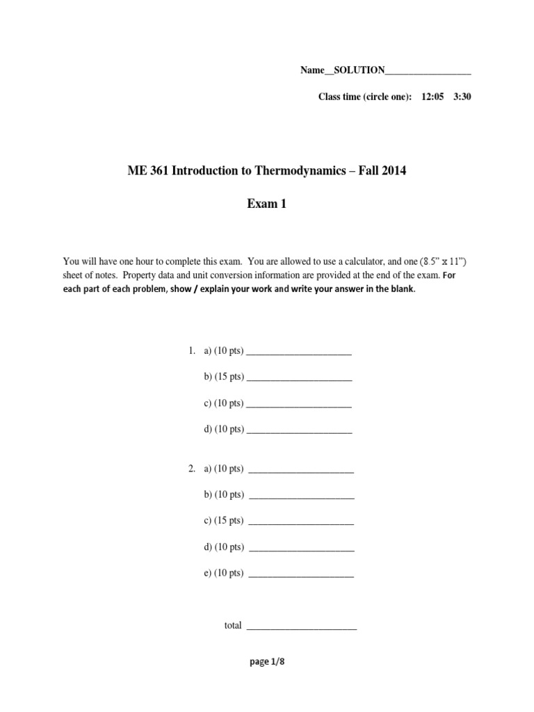 ME 361 Thermodynamics Exam 1 Solutions | PDF | Vapor | Pascal (Unit)