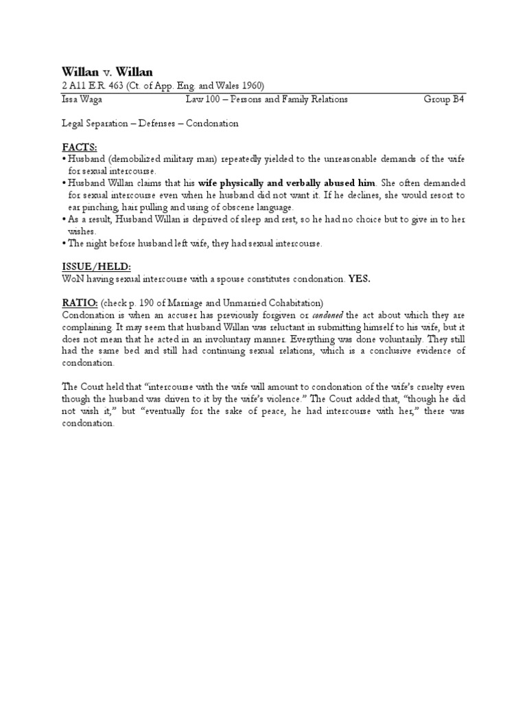 Willan V Willan Digest | PDF | Wife | Husband