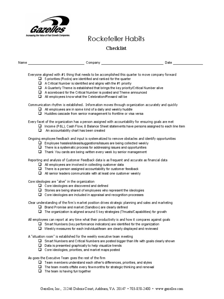 Rockefeller Habits Implementation Checklist | PDF