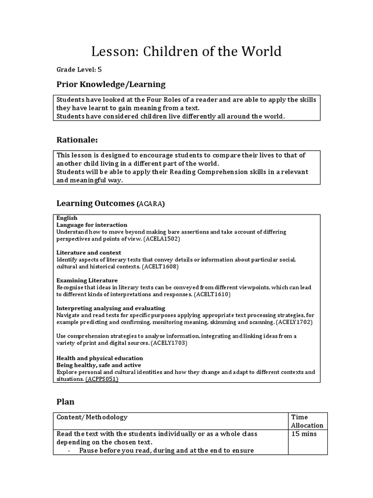 Lesson Plan - Children of The World | PDF | Reading (Process) | Reading ...