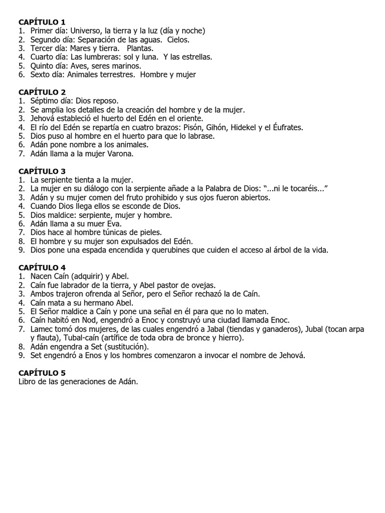 Resumen de Génesis: Capítulos 1 y 2 | PDF